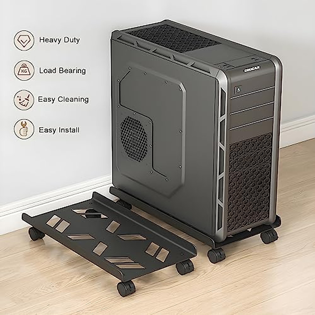 Kriico Computer Tower Sand, Heavy-Duty Metal CPU Stand Cart, Mobile PC Tower Stand with Rolling Casters, CPU Raise Fits Most PC Gaming Office Desk Accessories