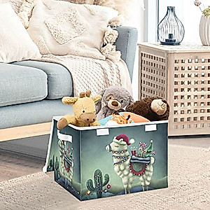 innewgogo Cute Llama in Santa Hat Storage Bins with Lids for Organizing Large Collapsible Storage Bins with Handles Oxford Cloth Storage Cube Box for Toys