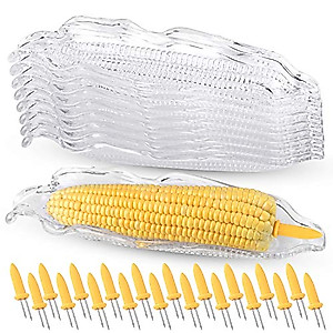 FEPITO 9 Pcs Corn Trays with 20 Pcs Corn Holders on the Cob Skewers Transparent Plastic Corn Dishes Corn Holders Cob Dinnerware for Sweet Butter Corn