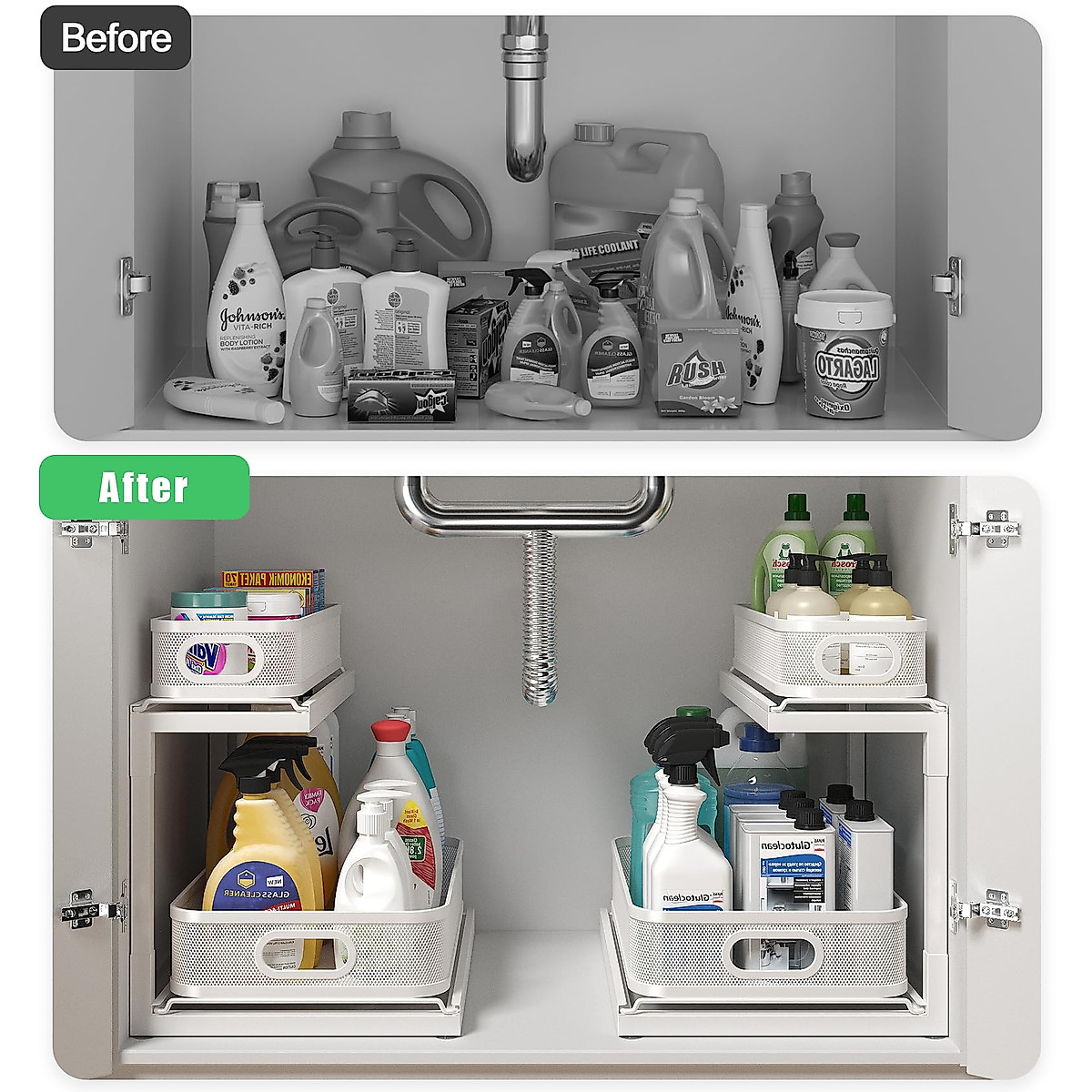 2-Pack Under Sink Storage Organizer with 2-Tier Slide Out Drawer, Sophisticated Mesh Pull Out Shelf for Kitchen & Bathroom, Fits Small Items, Upgraded Arched Track for Smooth Gliding,Patent Pending