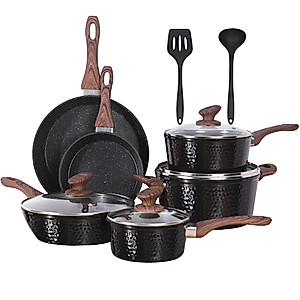 Kitchen Academy Pots and Pans Set Non Stick - 12 Pcs Induction Cooking Pans Set, Black Hammered Cookware Set，Induction Cookware Nonstick Granite Cooking Set