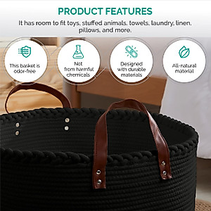 Organizix XLarge Round Cotton Rope Storage Basket Bin Organizer Laundry Hamper with Leather Handles, 21 x 21 x 14, Extra Large Blanket Woven Toy Basket for Baby Nursery - Black