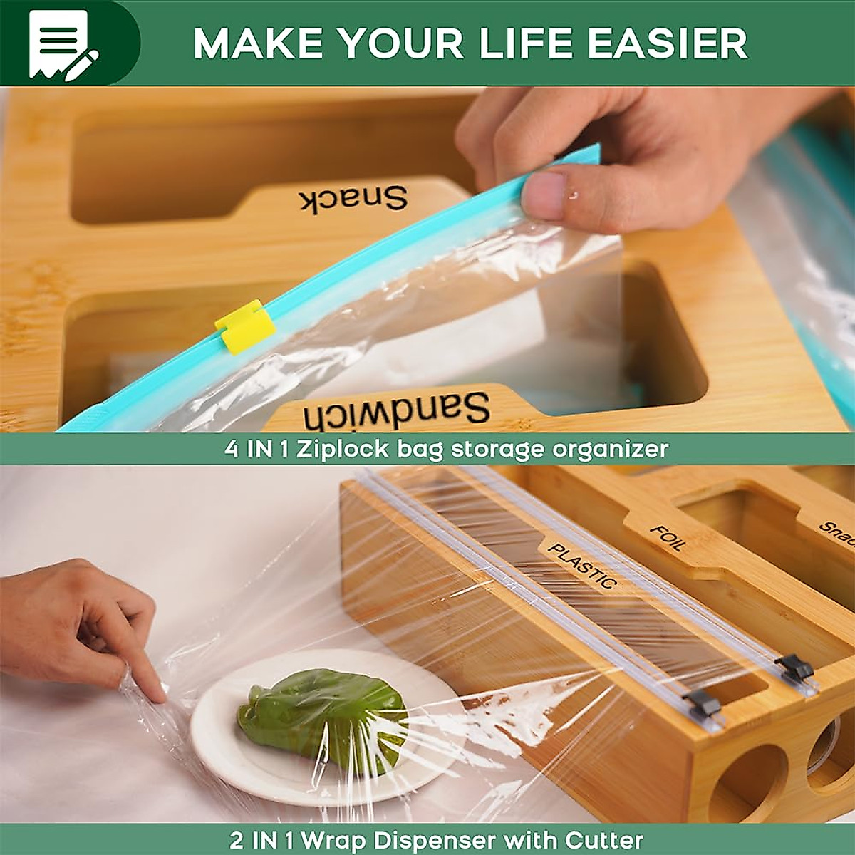 UMERUCCI Storage Bag Organizer Kitchen Drawer with Cutter for Foil and Plastic Wrap, Compatible with Gallon, Quart, Sandwich, Snack Bags, and 12" Aluminum Foil & Wax Paper