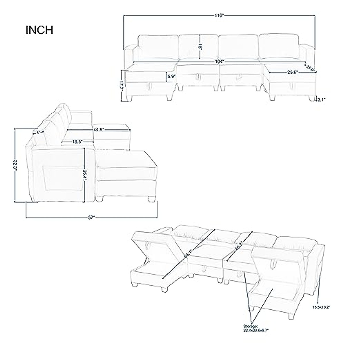 Lepfun 116'' Modular Sectional, U-Shaped Velvet, Minimalist Convertible Modern 6-Seat Couch with Chaise Ottomans Living Room Sofa Sets for Office Apartment (Green)