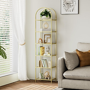 Homhedy 6-Tier Bookshelf Arched Display Racks, Metal Bookcase, Tempered Glass Shelves, Slim Storage Rack Shelf for Home Office, Living Room, Bedroom, Bathroom, Modern Style, Golden