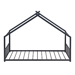 Favfurish Metal Twin Size House Bed with Roof and Slats Support,Playhouse Design Montessori Floor Bed Frame W/Headboard & Footboard,No Box Spring Needed,for Kids Girls Boys,Black