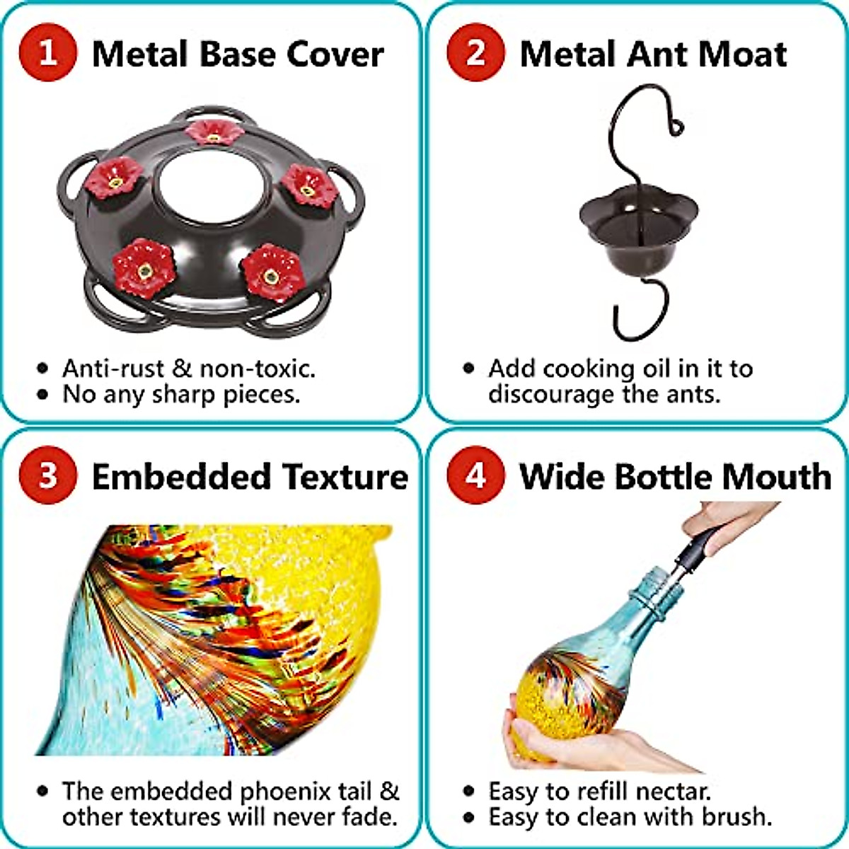 LUJII Hand Blown Glass Hummingbird Feeder for Outdoors with Ant Moat, Leak Proof & Rustproof , 25oz, Metal Base Cover with 5 Feeding Ports & Perches, Glass Art for Garden Decor (Blue Mixed Yellow)