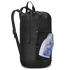 Femuar Laundry Bag Backpack Durable Laundry Bag with Shoulder Straps and Mesh Pockets Portable Laundry Dirty Clothes Hamper Bag for College Dorm (Black)