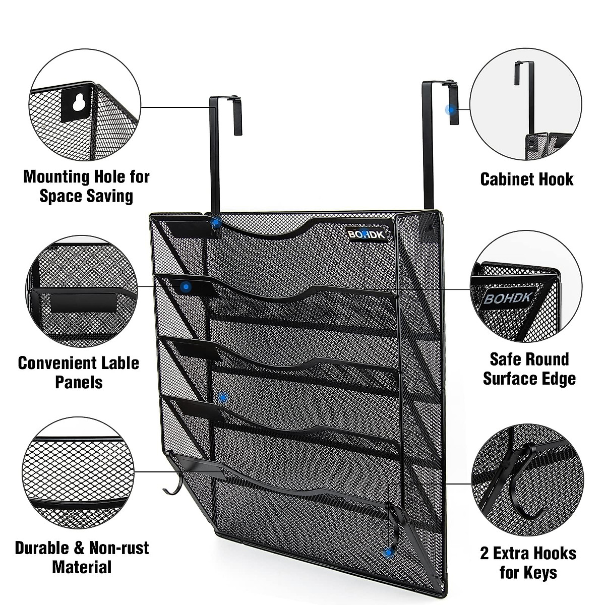 BOHDK Wall File Organizer, 5 Tire Hanging File Folder Organizer, Vertical Mesh Metal Door/Wall Mount Hanging File Holder, Paper Document Magazine Rack with Hooks for Home Office Black