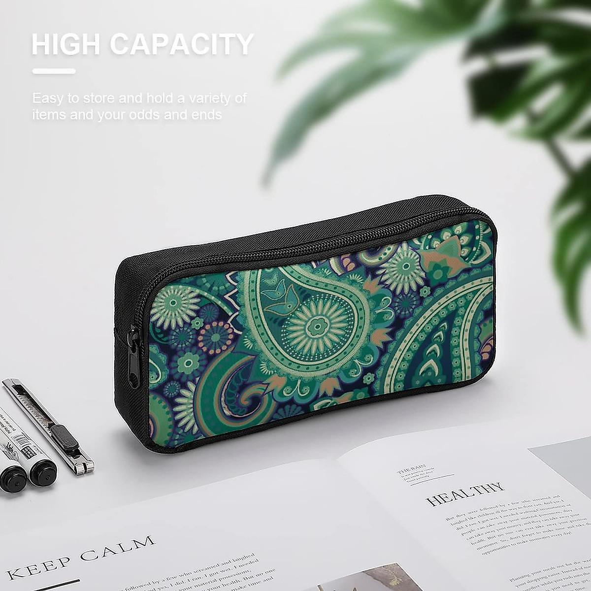 Green Paisley Pattern Pencil Case Stationery Pen Pouch Portable Makeup Storage Bag Organizer Gift
