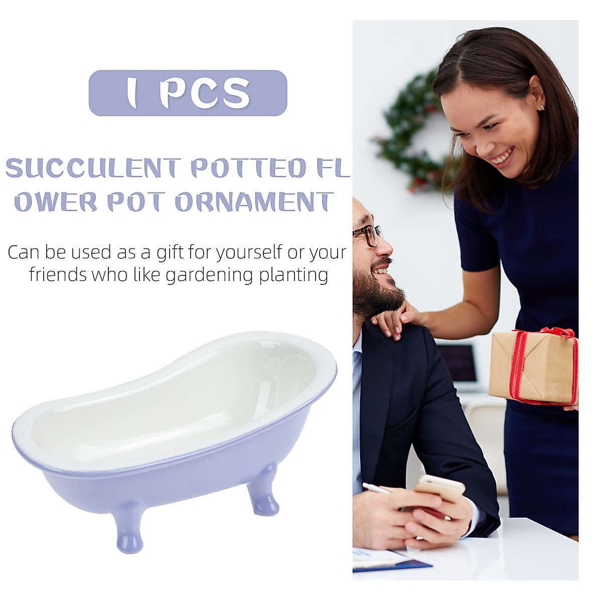 YARDWE Modern Plant Pots Indoor Desktop Flower Pot Small Bathtub Flower Pot Ceramic Succulent Planter Pot Flower Pots Planting Container Desktop Ornament (Sky- Blue) Bonsai Pot Mini Bathtub Decor