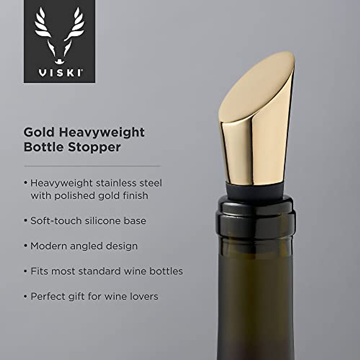 Viski Heavyweight Bottle Stopper, Wine Bottle Stopper, Wine Preserver for Red and White Wines, Gold Plated Stainless Steel with Silicone Seal, Set of 1