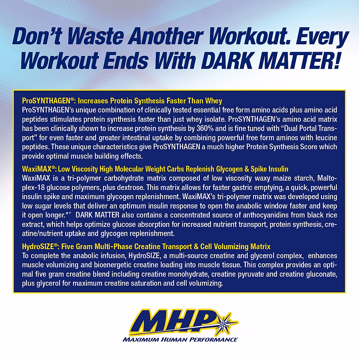 MHP Dark Matter Post Workout, Recovery Accelerator, w/Multi Phase Creatine, Waxy Maize Carbohydrate, 6g EAAs, Fruit Punch, 20 Servings, 55 Oz