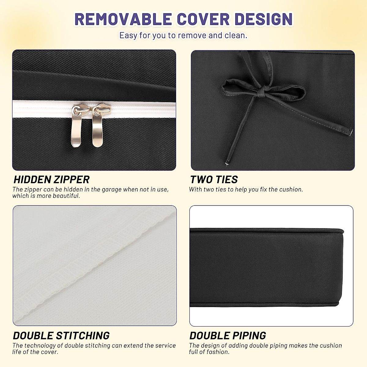 Sutteles Double Piping Bench Cushion,Resistant Bench Cushions for Outdoor Furniture,with Non-Slip Ties and Removable Cover,for Patio/Piano Bench Cushion (42x16x3, Black)