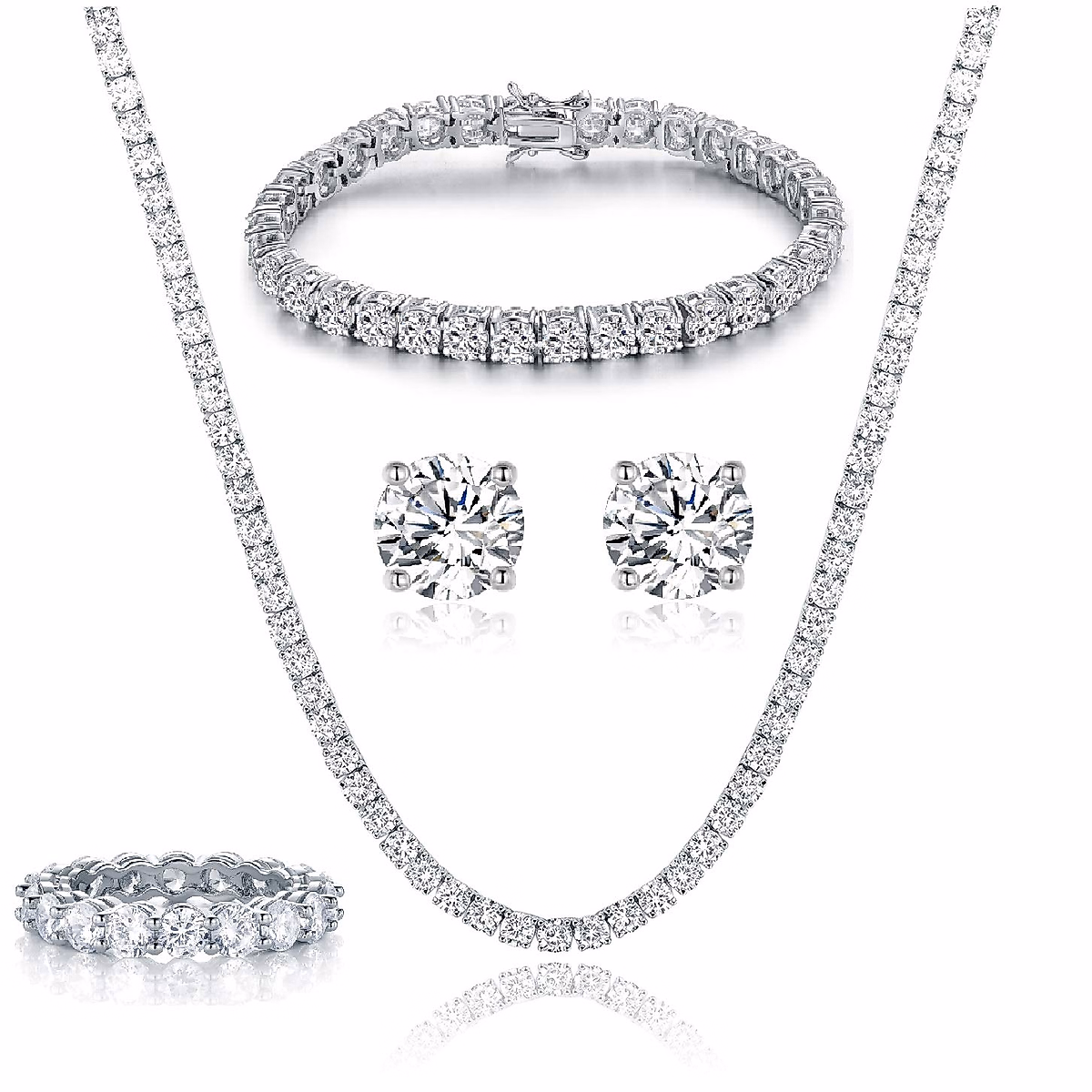 Gemsme 18K White Gold Plated Tennis Necklace/Bracelet/Earrings/Band Ring Sets Pack of 4 (7)