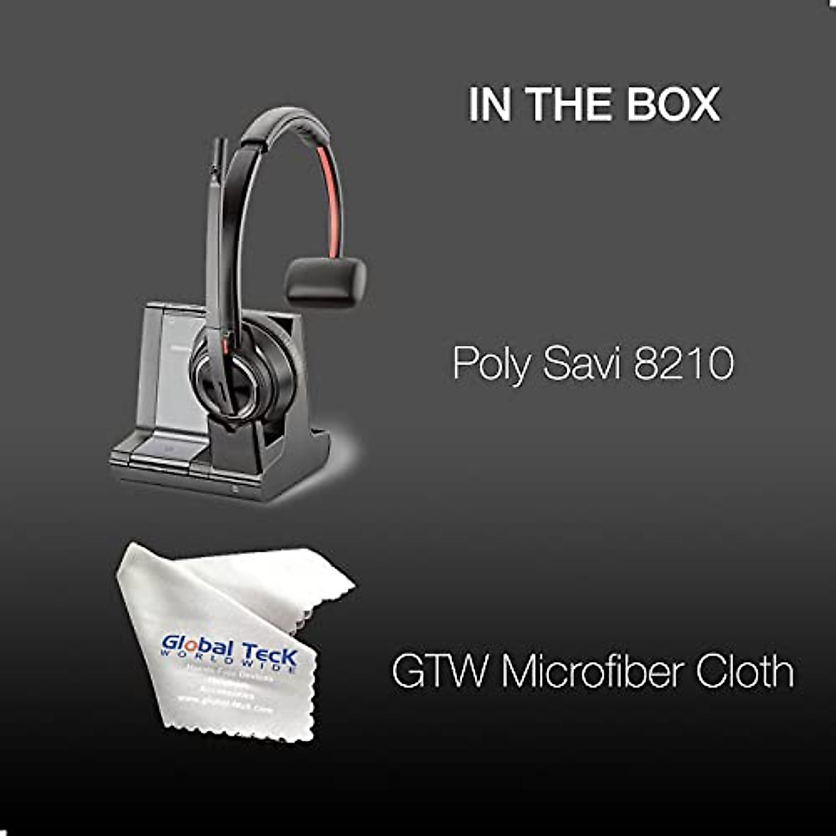 Global Teck Worldwide GTW Poly Savi 8210 Office Bluetooth Wireless DECT Single-Ear Headset - Connects to Deskphone, PC/Mac - Works with Teams, Zoom, RingCentral, 8x8, Vonage, Microfiber Included