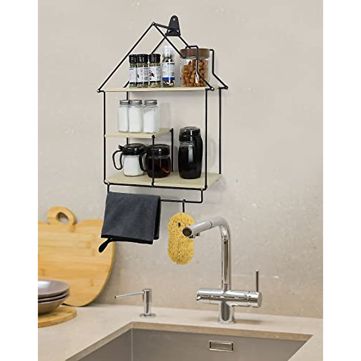 Tikea Floating Shelves, House-Shaped Wall Mounted Shelves for Storage, Modern Farmhouse Hanging Shelf with Metal Frames and Addition Hooks for Living Room Bedroom Bathroom Entryway Decor