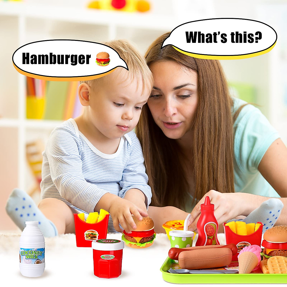 Zomiboo Pretend Play Food Toy Set for Kid Kitchen, Fake Food Plastic Burgers Sandwich Toys Pretend Food Playset Preschool Role Play Kitchen Restaurant Sets Christmas Birthday Gift for Girls Boys