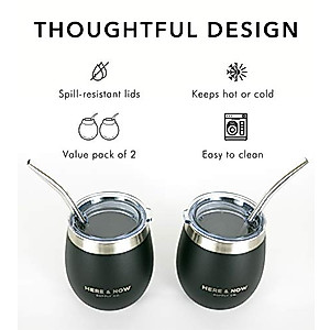 Here & Now Yerba Mate Cup and Bombilla Set | 2 Mate Gourds, Spill Resistant Lids, & Mate Straws | Bombilla Brush & Pouch Included | Yerba Mate Gourd Kit with Bombilla Mate & Mate Tea Cups (Black)