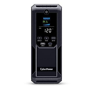 CyberPower CP1500AVRLCD3 Intelligent LCD UPS System, 1500VA/900W, 12 Outlets, 2 USB Ports, AVR, Mini Tower, Black