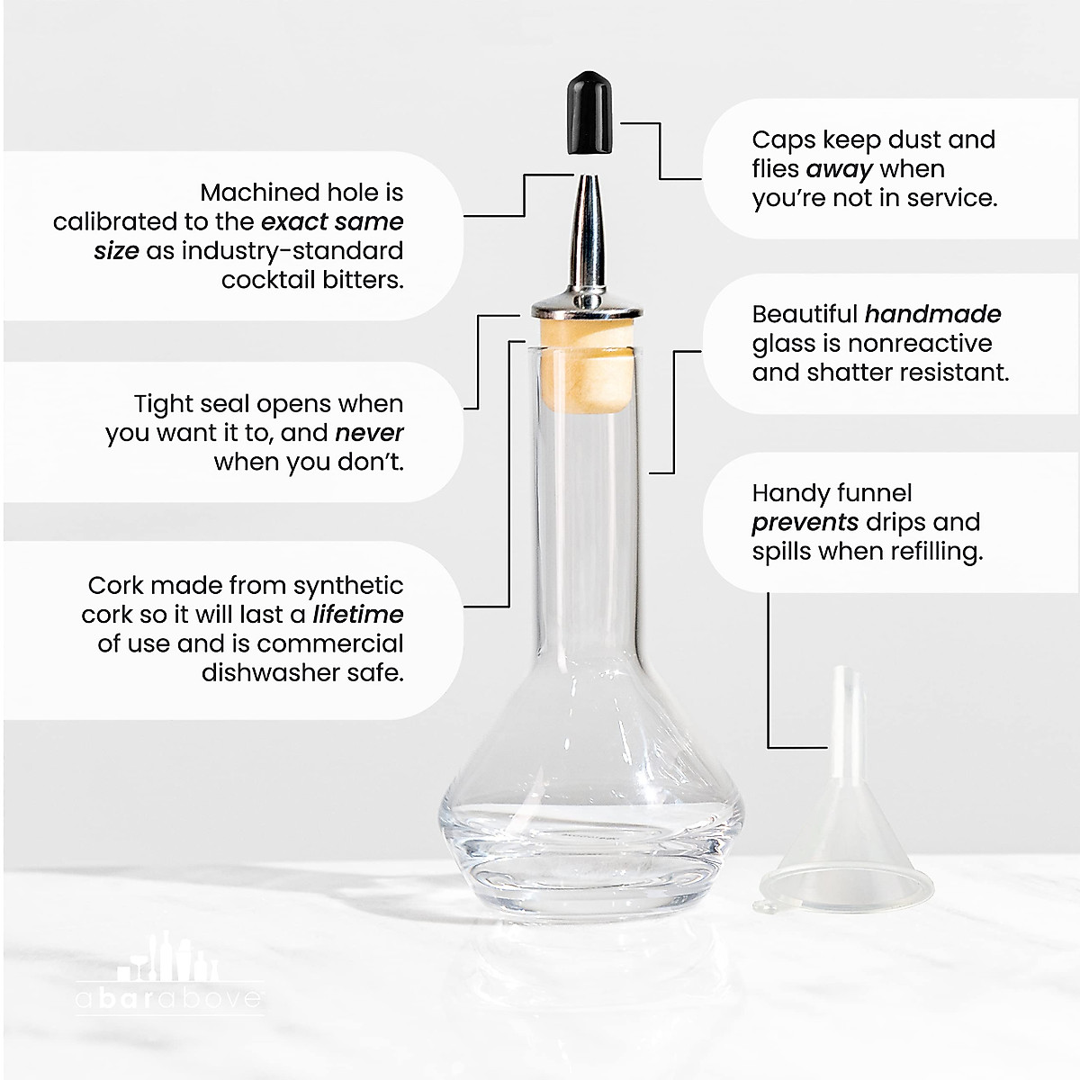 A Bar Above Bitters Bottle – Classic-Design Small Glass Bottles to Add Bitters for Cocktails w/Stainless Steel Pour Spout & Synthetic Cork– Ideal Bartender Gifts – Home Bar Accessories (1,7 oz)