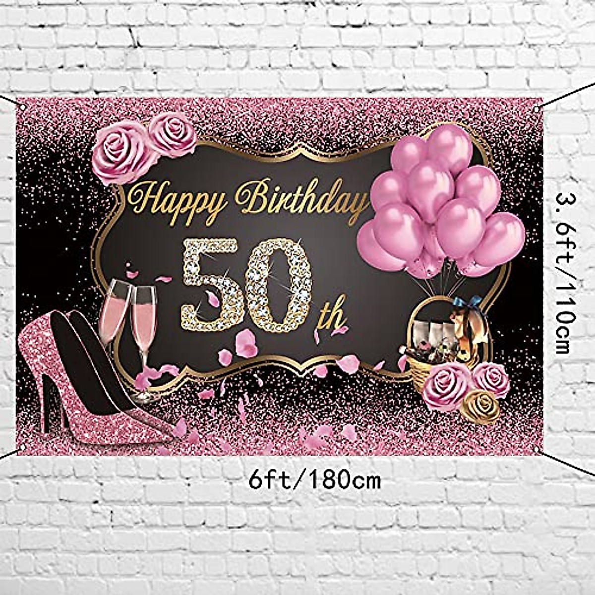 AWERT Polyester 6x3.6ft Happy 50th Birthday Banner Pink Gold Sign Poster for Women 50th Birthday Party Decorations Banner Balloons High Heels Champagne Rose Diamonds 50th Birthday Party Supplies