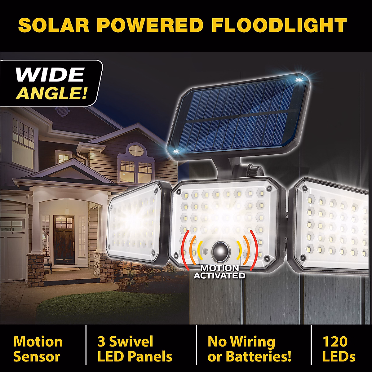 Bionic Flood Light Max 2 Pk, 500 Lumen Super Bright Solar Motion Sensor Outdoor Lights, LED Solar Flood Lights Outdoor Motion Sensor Waterproof Solar Security Lights, 360° 3 Panel Design As Seen on TV