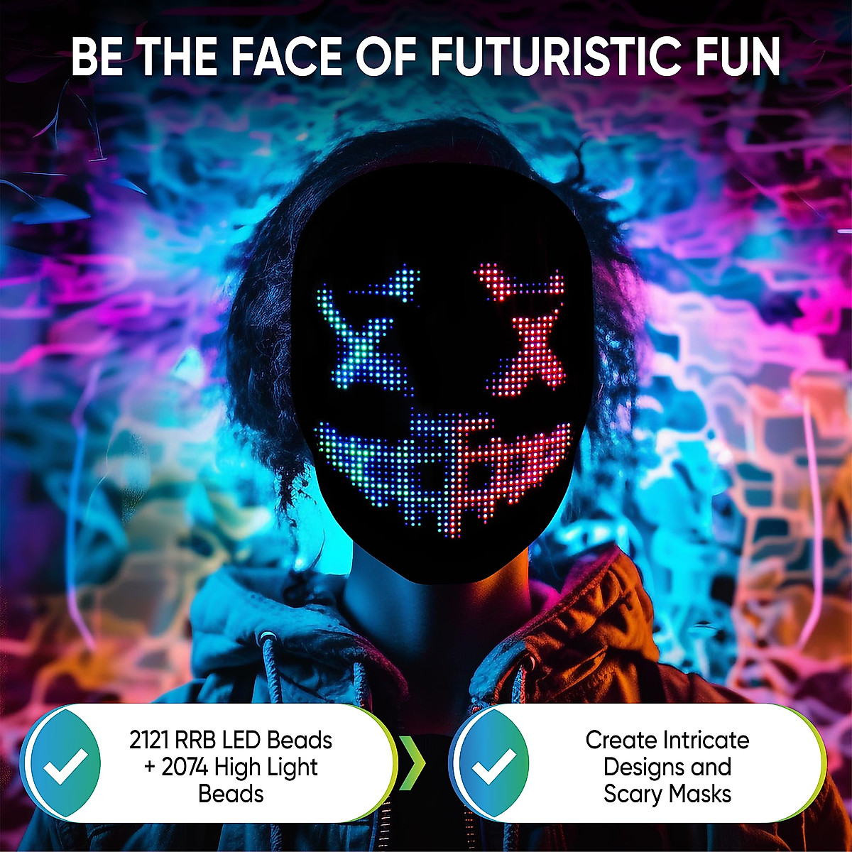 Face Transforming LED Mask - Electronic Changing Facial Cover with Bluetooth App, Programmable & Customizable Lighting Effect (AA -BATTERIES)