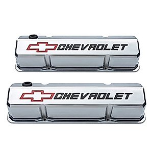 Valve Cover, Slant-Edge, Tall, Baffled, Breather Hole, Recessed Chevrolet Bowtie Logo, Aluminum, Polished, Small Block Chevy, Pair