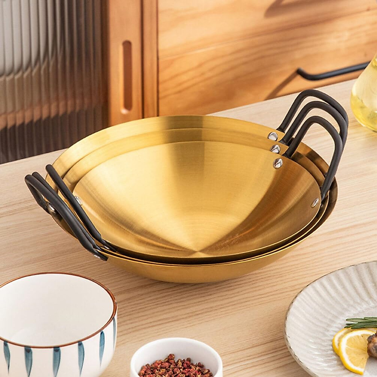 Cabilock Stainless Steel Cookware Stainless Steel Frying Cooking Pot 24cm Metal Stock Pot Stir Fry Pan Stewpot Skillet Round Bottom Wok Pan Binaural Wok for Kitchen Cooking Camping Cooking Set