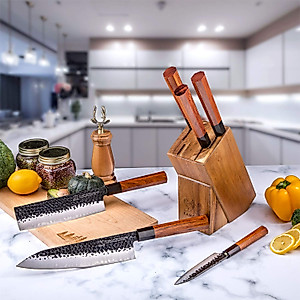 FAMCÜTE Japanese Chef Knife Set, 3 Layer 9CR18MOV Clad Steel w/Rosewood Handle and Block Wooden Holder for 4PCS Kitchen Knife Set (8” Gyuto Knife, 7” Nakiri Knife, 7” Santoku knife, 5” Utility knife)