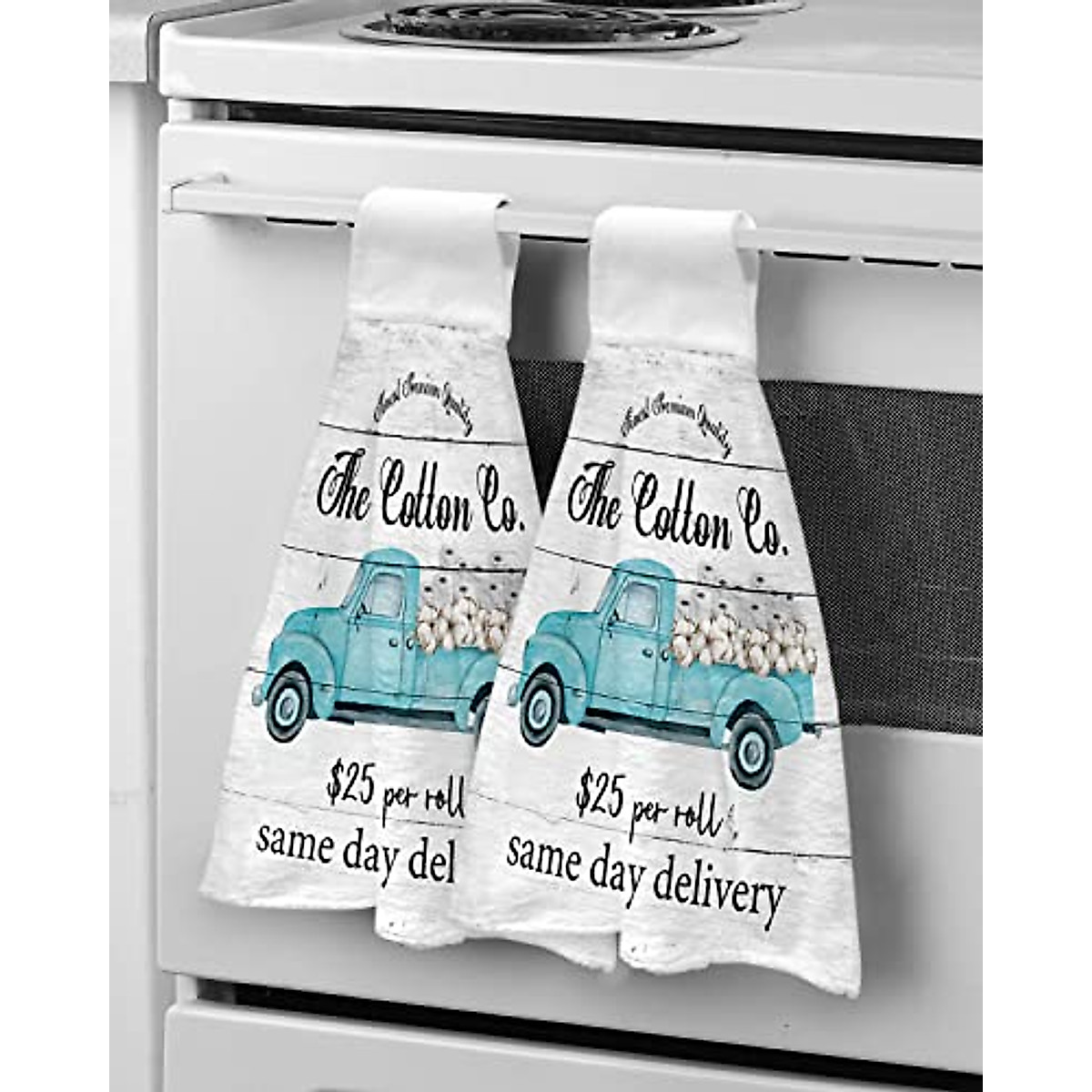 2 PCS Kitchen Hand Towels, Blue Truck Cotton Paper Soft Plush Hanging Tie Towels with Loop for Kitchen Bathroom Dish Cloth Tea Bar Towel Retro Wooden Stripes