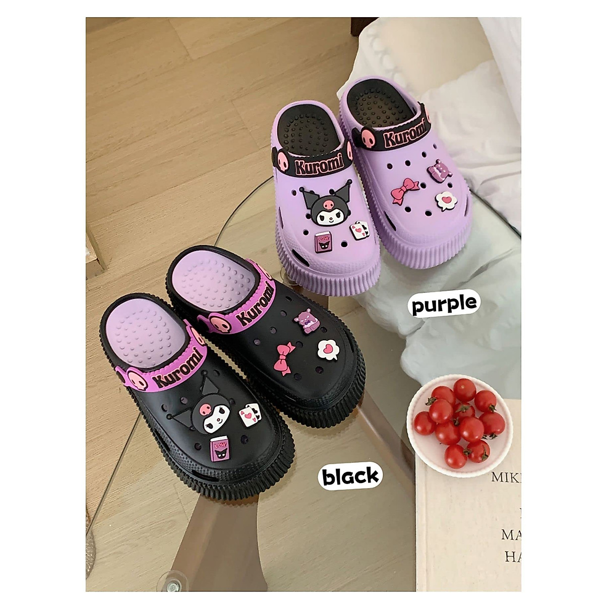 CEINOM Cute Cartoon Slippers Kuromi Kawaii Slippers for Women Cloud Slides indoor Outdoor Soft Comfy Anti-Slip garden Shoes (Black,6,6.5)