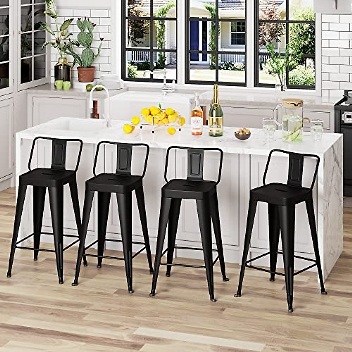 WENTMENT Metal Bar Stools Set of 4 Counter Height Bar Stools Barstools with Removable Back 24" Kitchen Bar Stools, Black