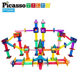 PicassoTiles 200 Piece Magnetic Marble Run Marbles for Kids Race Track Toy Set Marble Maze Sensory Toys for Toddlers STEM Educational Magnet Building Blocks Construction Building Tiles Boys Girls 3+