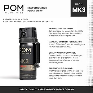 POM MK3 Pepper Spray, Belt Clip Model - Maximum Strength, Flip Top Safety 360° Performance, 18-20-Foot Range, Powerful, Accurate Stream