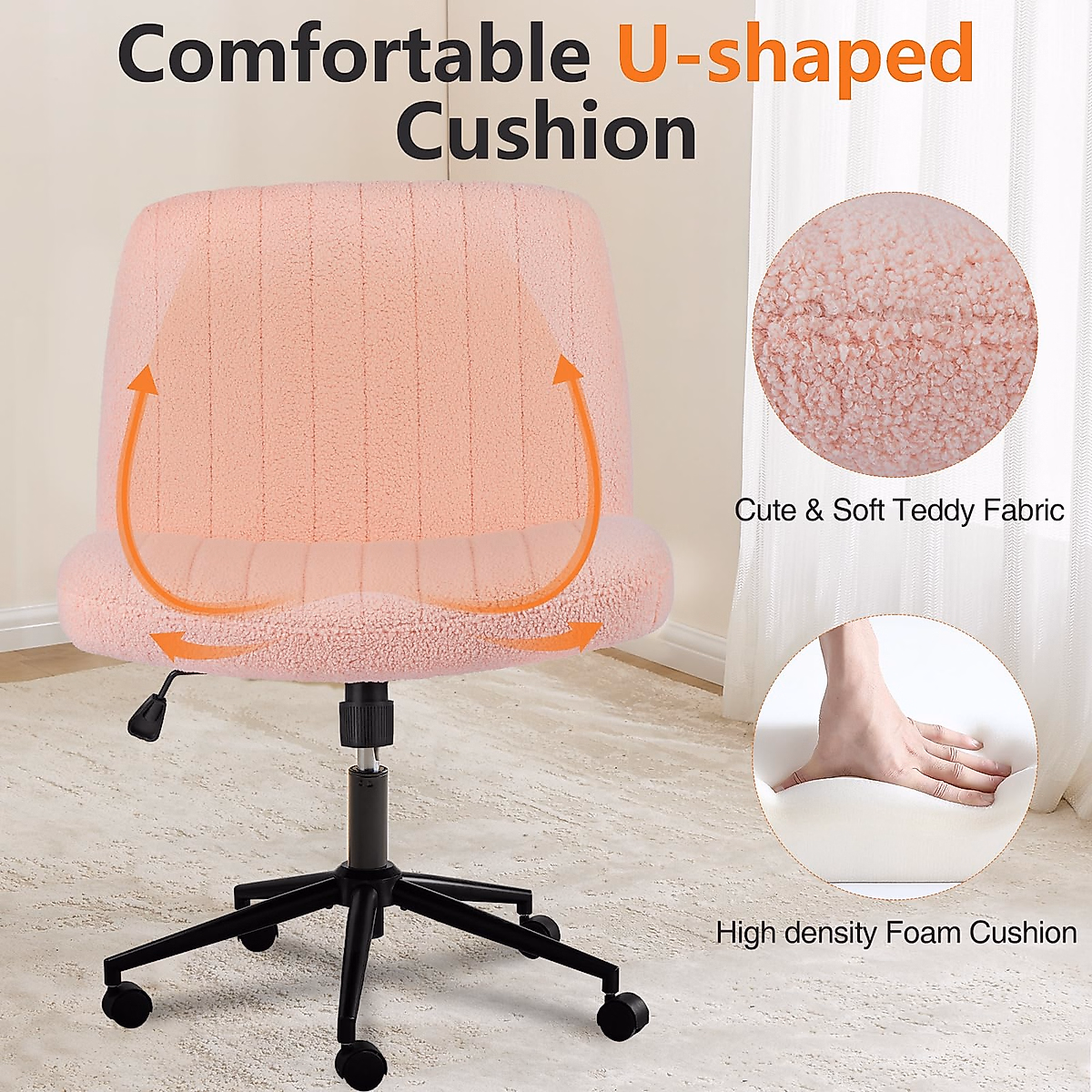 CUANBOZAM Armless Desk Chair, Criss Cross Chair with Wheels, Fabric Padded Desk Chair, Modern Swivel Height Adjustable Office Chair with Wide Seat for Home, Office, Make Up, Bed Room