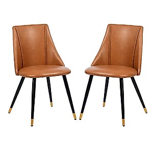 FurnitureR Modern Set of 2 Upholstered Accent Mid Century Armless Leisure Kitchen Living Room Faux Leather Desk Side Metal Black Gold Legs Dining Chair, 19.5" D x 17.7" W x 32.5" H, Cognac