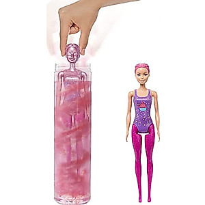 Barbie Color Reveal Glitter! Hair Swaps Doll, Glittery Pink with 25 Hairstyling & Party-Themed Surprises Including 10 Plug-in Hair Pieces, Gift for Kids 3 Years Old & Up
