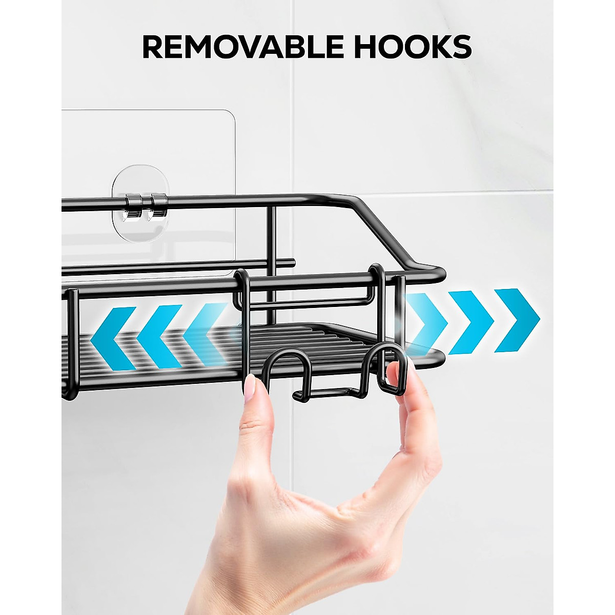 Nieifi Shower Caddy Shelf with Hooks Storage Rack Organizer Adhesive Stainless Steel Without Drilling for Bathroom, Lavatory, Washroom, Restroom, Shower, Toilet, Kitchen - 2 Pack (Black)