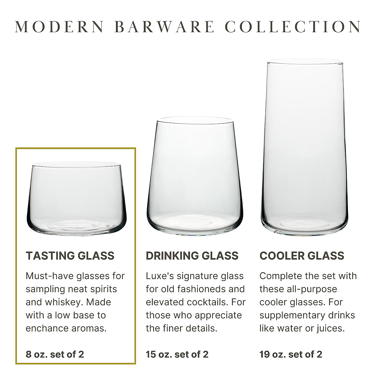 The TAG Store | Luxe Tasting Glasses Set of 2 | 8oz Whiskey Glasses | Modern Barware Collection | Pairs With Drinking and Mixer Glasses | Signature Old Fashioned Glasses | Whiskey Bourbon Scotch