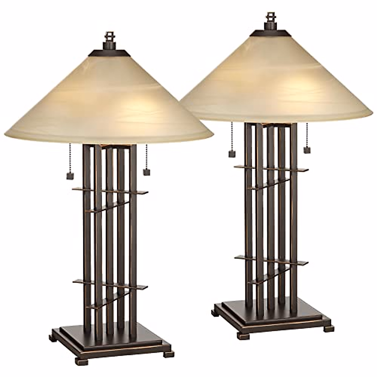 Franklin Iron Works Metro Collection 23 1/2" High Planes 'n' Posts Small Farmhouse Rustic Modern Accent Table Lamps Set of 2 Pull Chain Metal Amber Art Glass Shade Living Room Bedroom Bedside