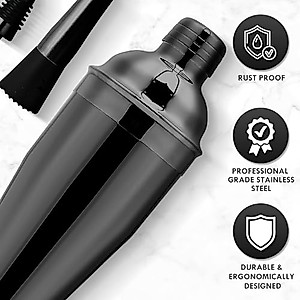 Black Stainless Steel Cocktail Shaker Set with Wood Stand - 15 Piece Bartender Kit with Drink Shaker, Bar Spoon, Jigger, Muddler, Strainer, Bottle Opener, Stopper, Pour Spout, Stirrers, Tongs, Recipes