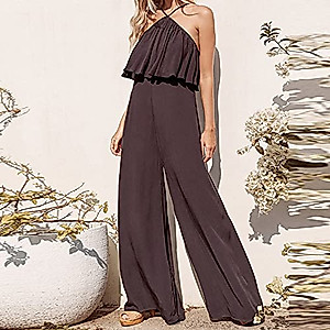 Bravetoshop Women's Sleeveless Suspender Jumpsuit Halter Neck Ruffle Hem Overalls Summer Boho Wide Leg Romper (Black,L)