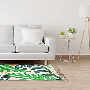 Green Philosophy Into The Fronds Handwoven Floral Leaf Cotton Area Rug 2'x3' Floor Carpet with Tassels Washable Green Accent Boho Home Decor Gift Throw Runner for Entryway Bedroom Living Room Kitchen