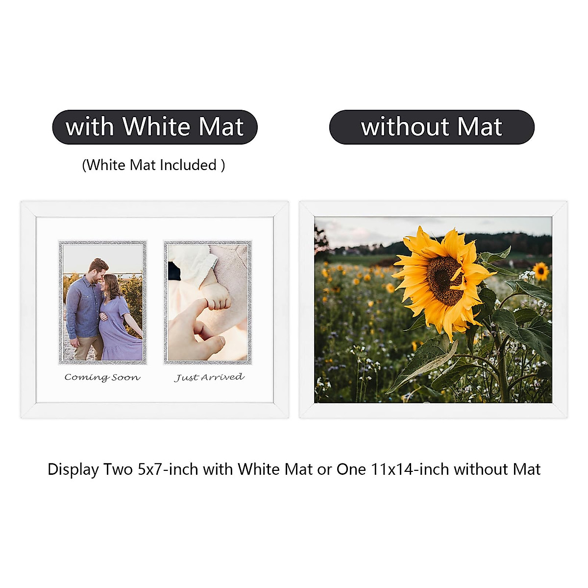 Golden State Art, 11x14 Picture Frame White, Solid wood with Tempered Glass Front, White/Silver Double Mat fit for 2 5x7 picture with Mat or one 11x14 in without Mat, portrait, landscape, 1 Pack