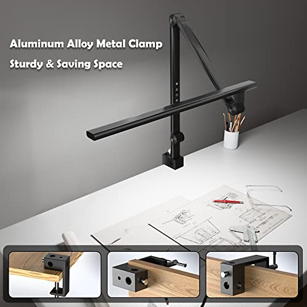 Arteasy LED Desk Lamp, Desk Light for Home Office, Dual Light Source 18W Brightest, Eye-Caring Optical Lens, Office Lamp, 5 Color Modes & Brightness, Aluminum Alloy Clip on Lamp, Clamp Lamp, Black