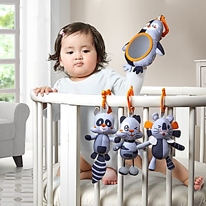 TUMAMA Baby Rattle Toy & Soft Book Set, Black and White High Contrast Tummy Time Animal Plush Hanging Toys with Mirror,Early Educational Toys for Infant 0 3 6 9 12 Months