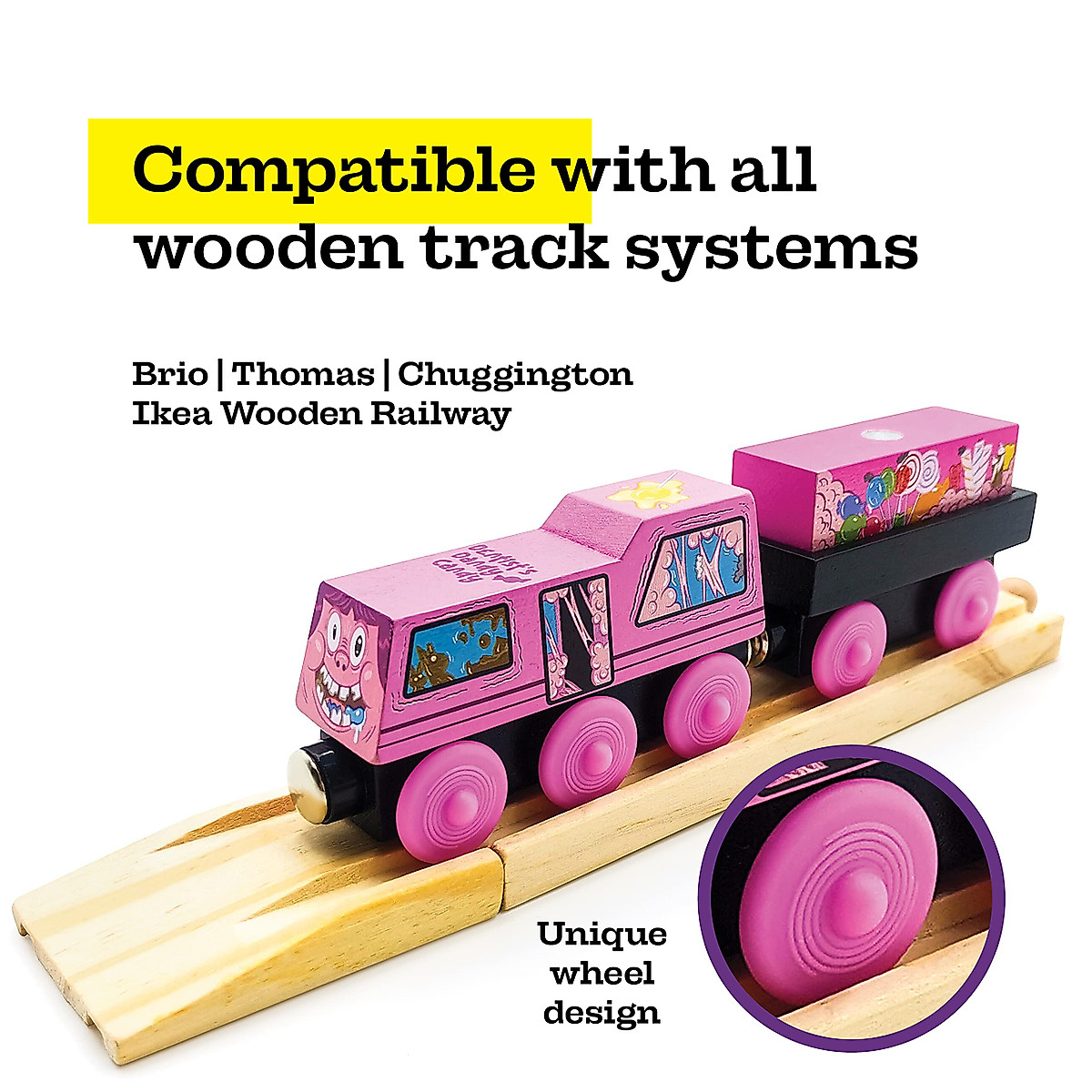 ZANY TRAINS Series 1 - Wooden Train Set with Cargo - Compatible with All Wooden Train Sets - Wooden Train Cars (Sugar Rush Susie)
