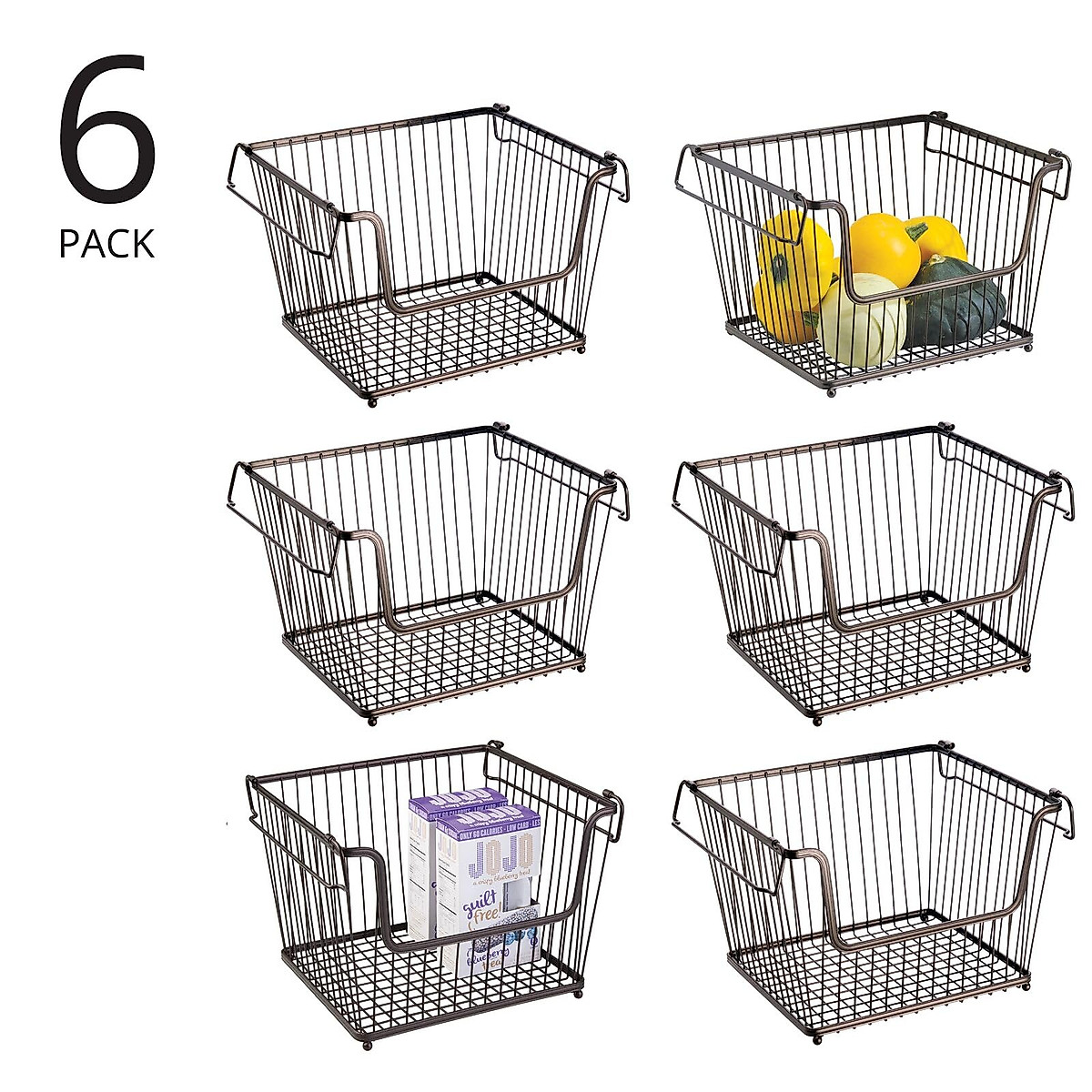 mDesign Modern Stackable Metal Food Storage Organizer Bin Basket with Handles, Open Front for Kitchen Cabinets, Pantry, Closets, Bedrooms, Bathrooms - Large, 6 Pack - Bronze